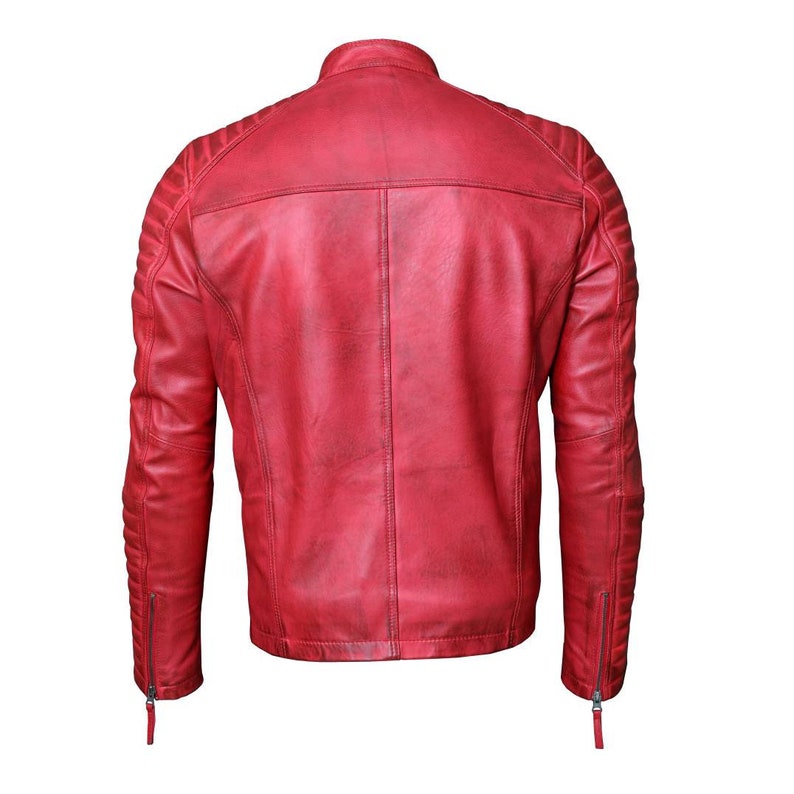 Mens Leather Jacket Red Biker Jacket Motorcycle Jacket Cafe Racer ...