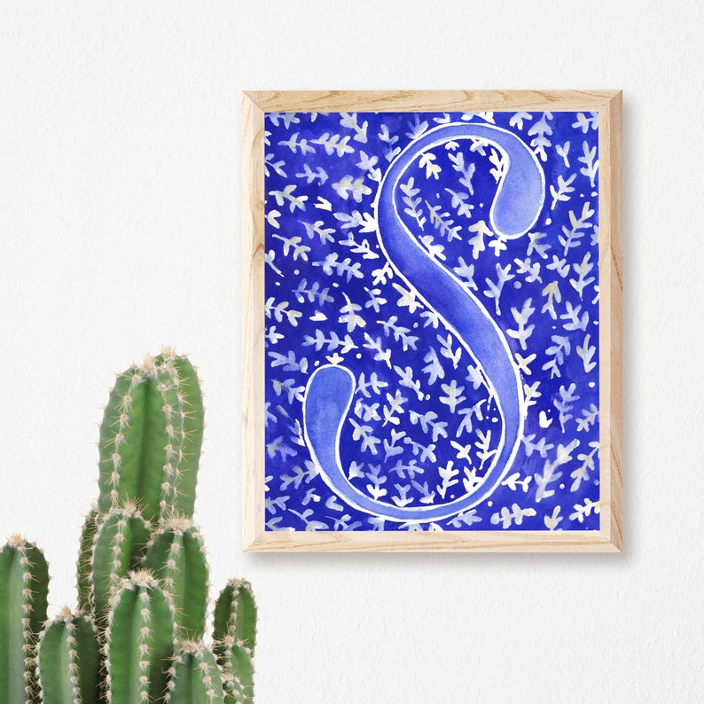 Letter S Art Print. Blue Letter S Painting. Watercolor Initial Art ...