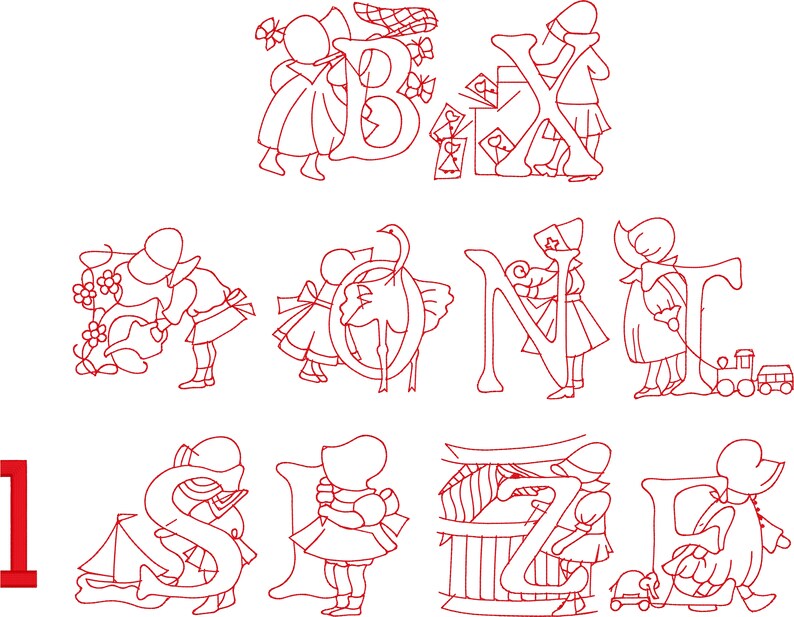 BX Keyboard Letter Fonts - Redwork Sun Bonnet ABC 3.5 Inch - (BX Format ...