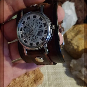 Handcrafted Leather Steampunk "skeleton" Wristwatch, Leather Cuff Watch ...
