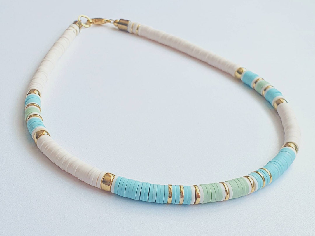 Collier heishi de surfeur blanc, turquoise et vert amande. Collier de ...