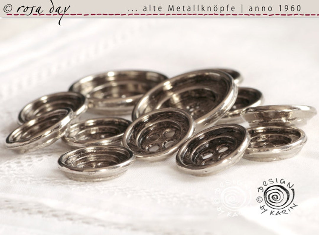 12 Old Metal Four-hole Buttons From 1960 - Old All-rounders - Silver ...