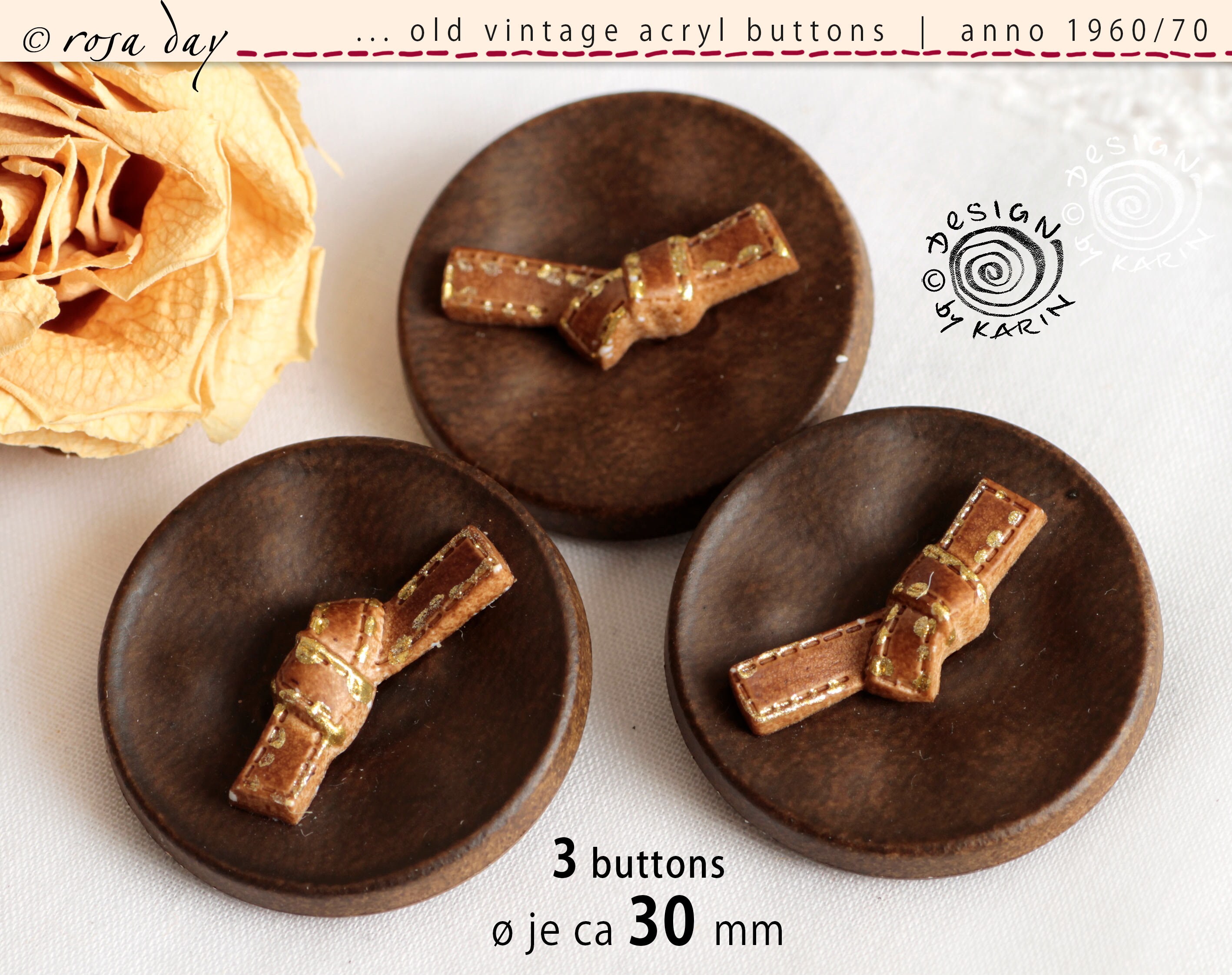 3 Charming Old Acrylic Buttons From 1960/70 Leather Look Pretty Design ...