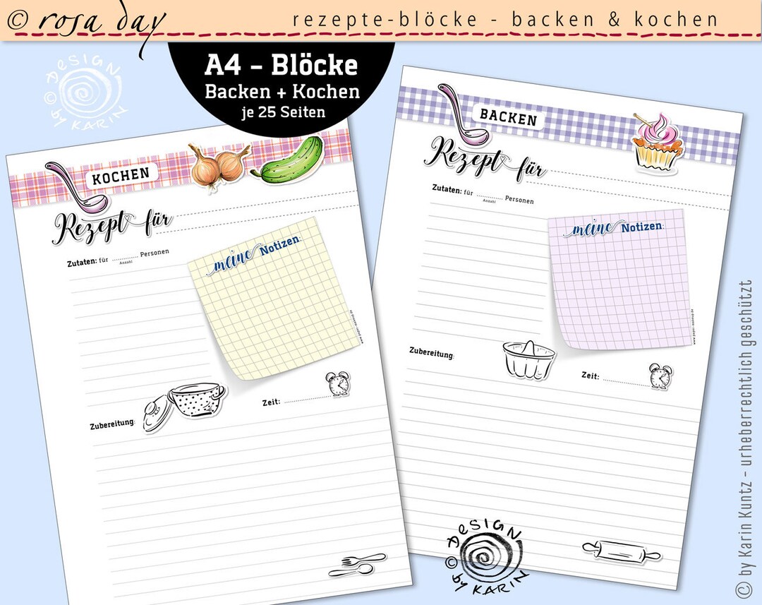 2 Recipe Blocks A4 21 X 29,7 Cm Colorful Paper Blocks Each 25 Sheets 1x ...