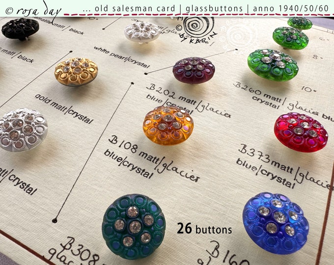 26 Old Collector's Glass Buttons From 1930/40 on Sample Card - Two ...