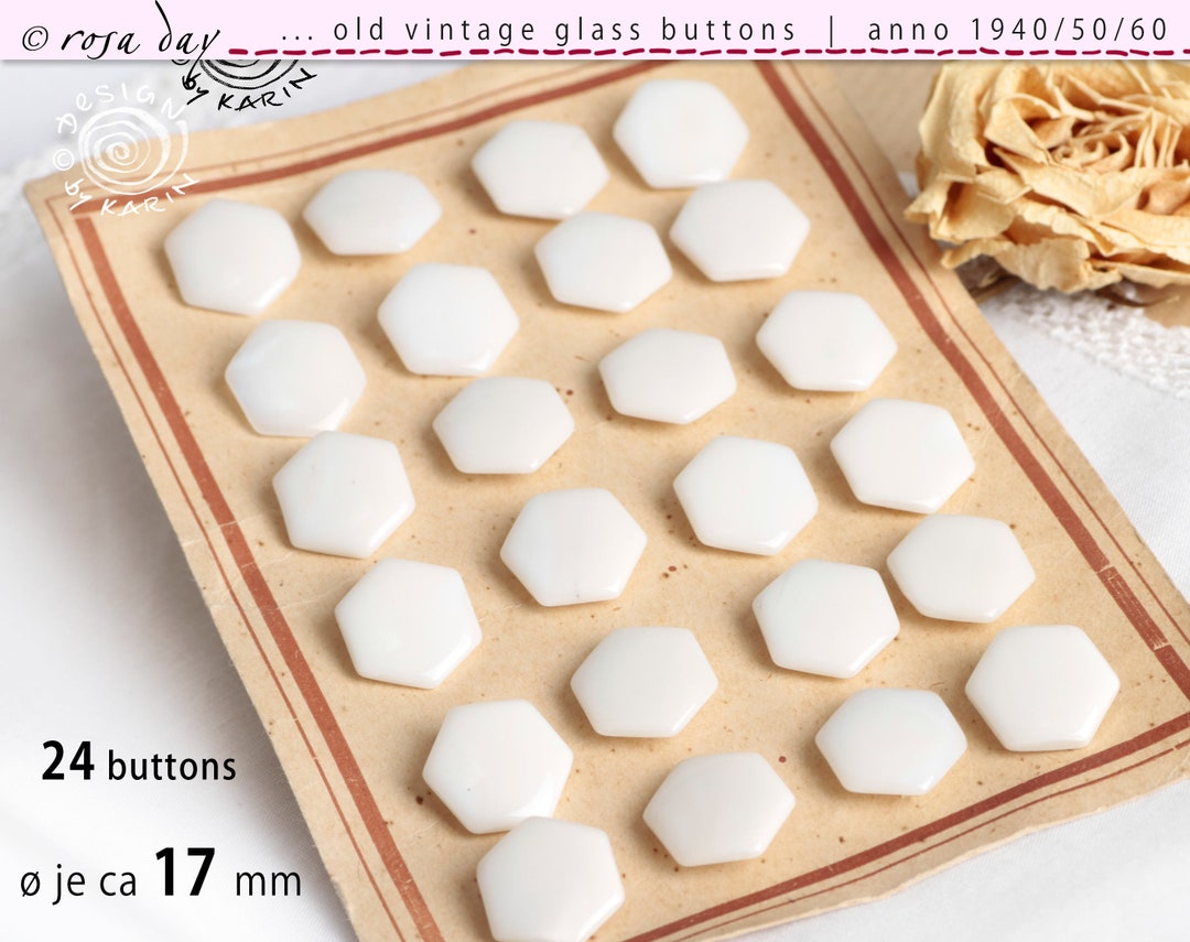 24 Old Vintage Glass Buttons From 1950/60 on Sample Card Milky White ...