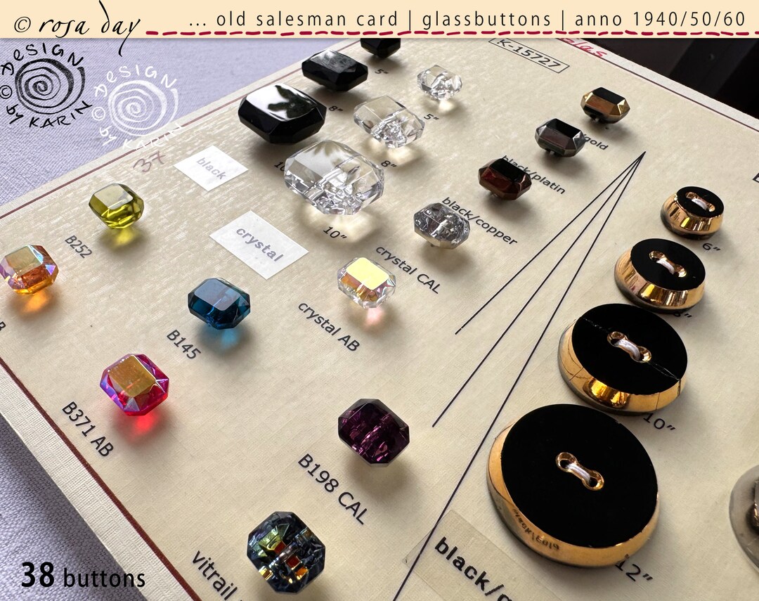 38 Old Collector's Glass Buttons From 1930/40 on Sample Card - Two ...