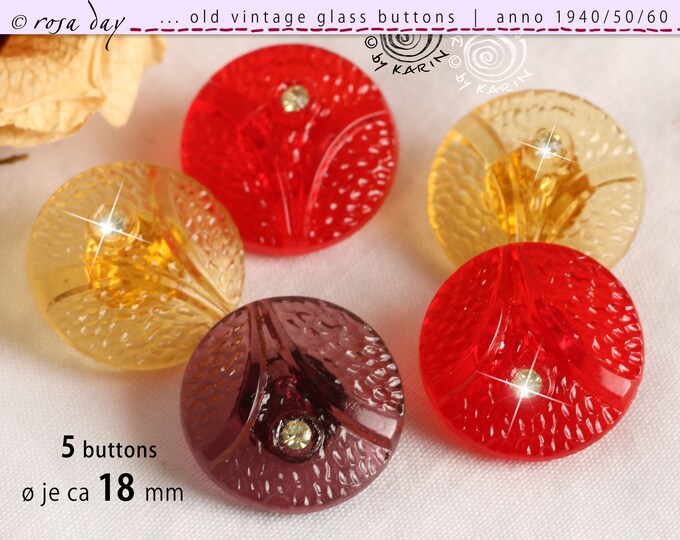 5 Old Rhinestone Glass Buttons From 1950/60 - Clear Colored Glass ...