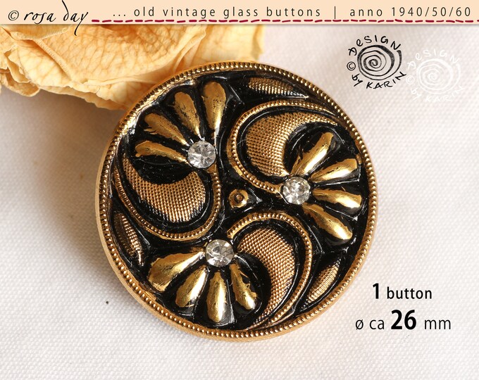 1 Old Large Vintage Glass Button From 1950 Opaque Black Glass Beautiful ...