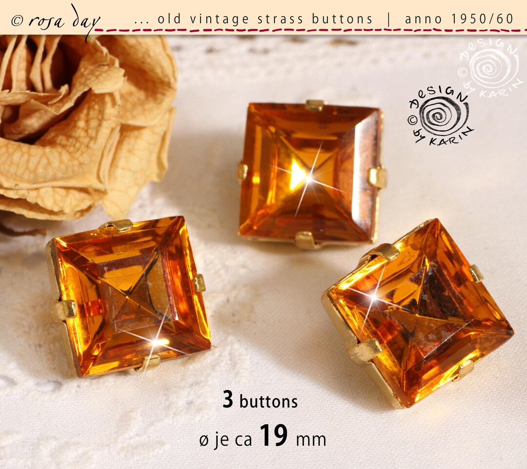 3 Vintage Rhinestone Buttons - Circa 1950/60 - Square Shape - Gold ...
