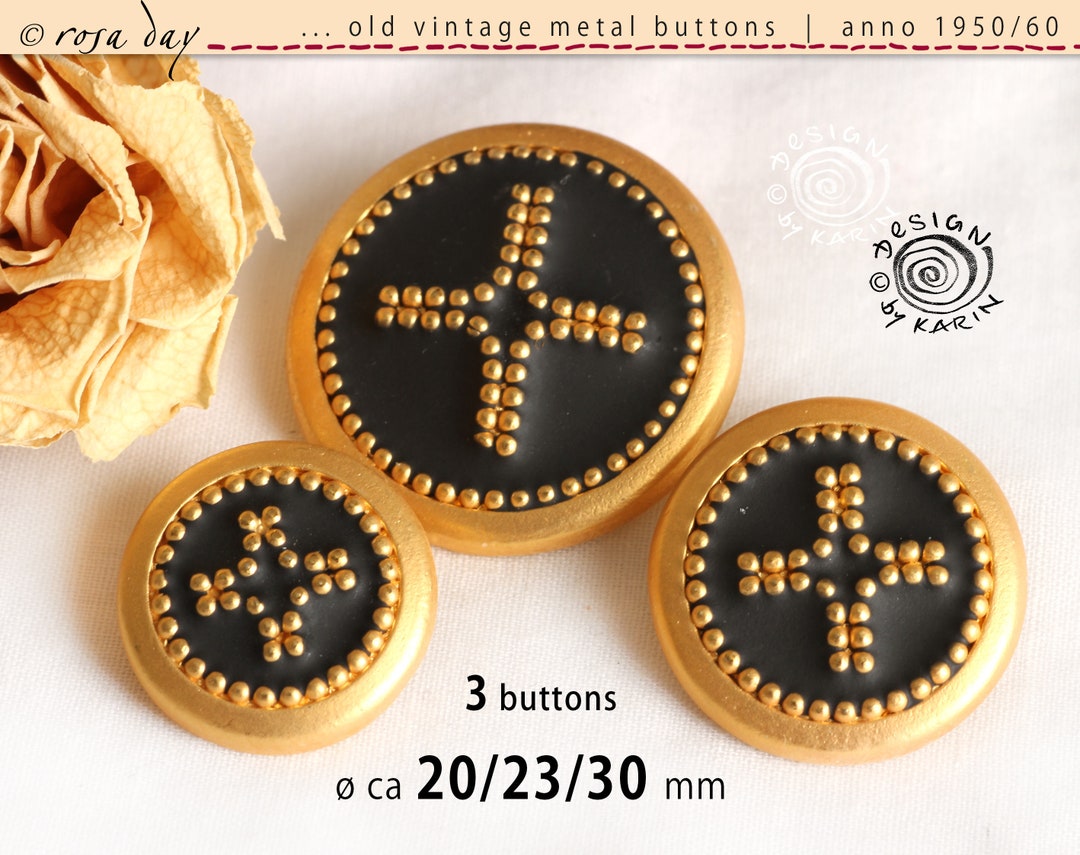 3 Wonderful Old Metal Buttons From 1950/60 Velvet Matt Black and Matt ...