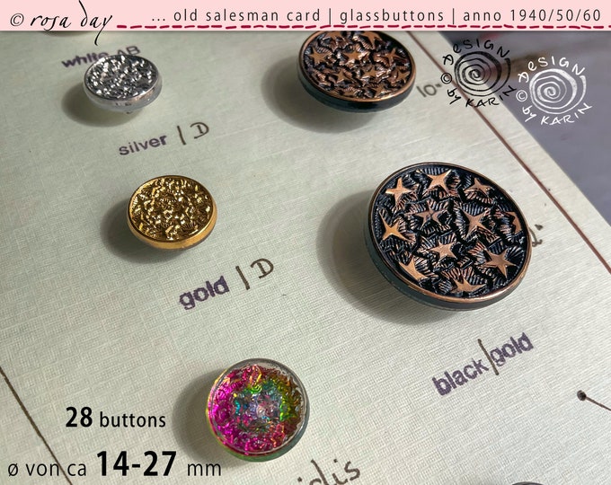 28 Old Collector's Glass Buttons From 1930/40 on Sample Card Wonderful ...