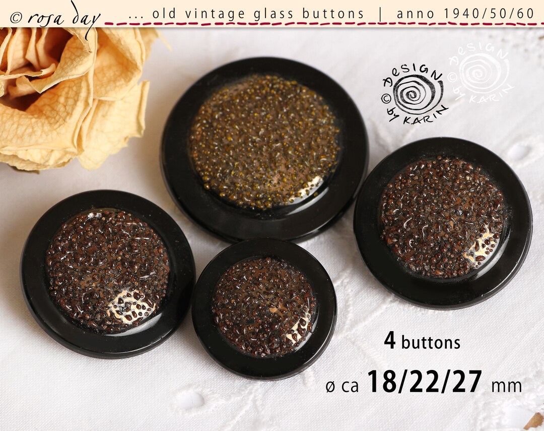 4 Old Pretty Vintage Glass Buttons From 1950/60 - Same Design - Black ...
