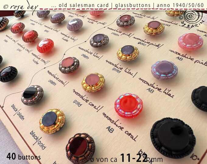 40 Old Collector's Glass Buttons From 1930/40 on Sample Card - Two ...