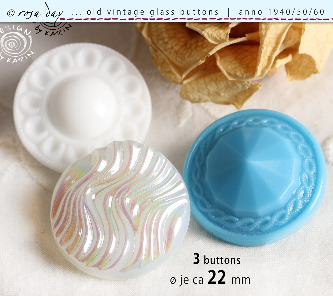 3 Large Old Vintage Glass Buttons From 1950/60 - Various Fine Designs ...