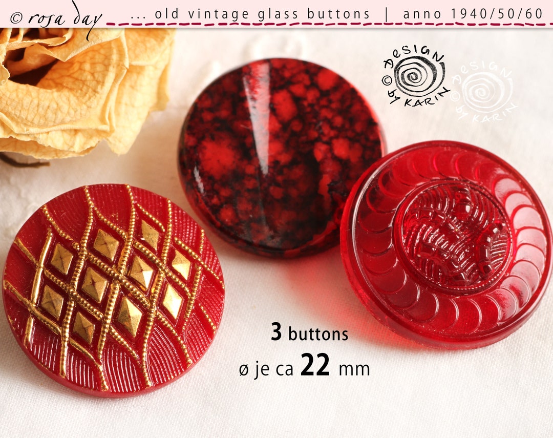 3 Large Old Vintage Glass Buttons From 1950/60 Various Designs Fine Set ...