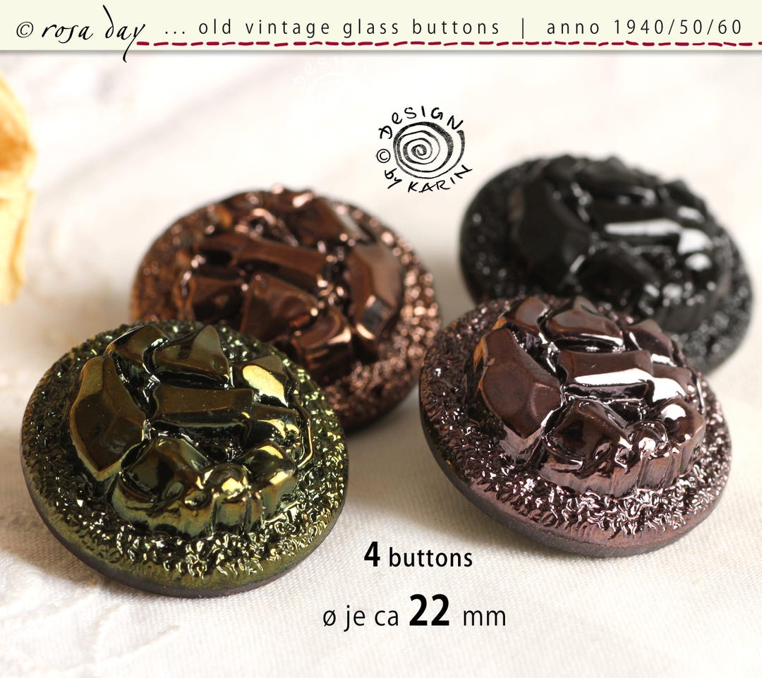 4 Large Old Collector's Glass Buttons From 1950 Same Design, Variously ...