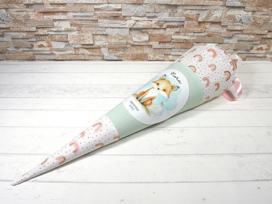 School Cone Made of Mint Fabric With Name Fox Sugar Cone 70 Cm or 85 Cm ...
