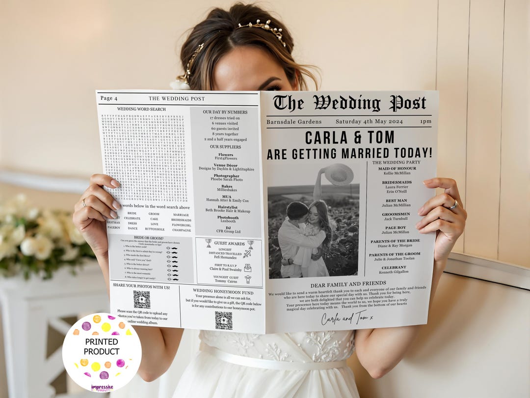PRINTED Personalised Wedding Newspaper, A3 to A4 Booklet Itinerary ...