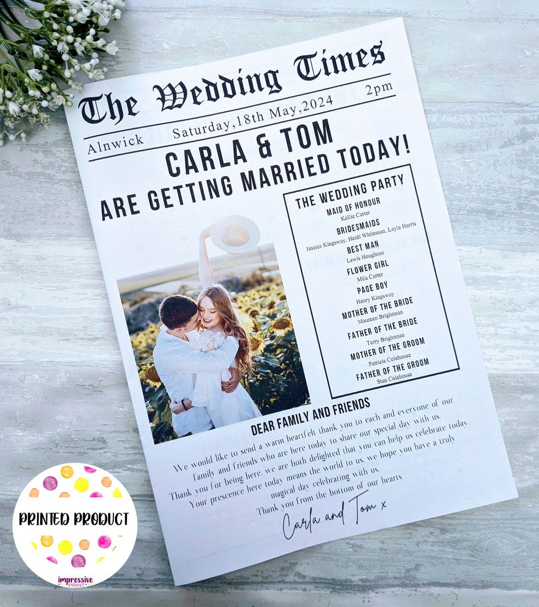 PRINTED Personalised Wedding Newspaper, A4 to A5 Booklet Style ...