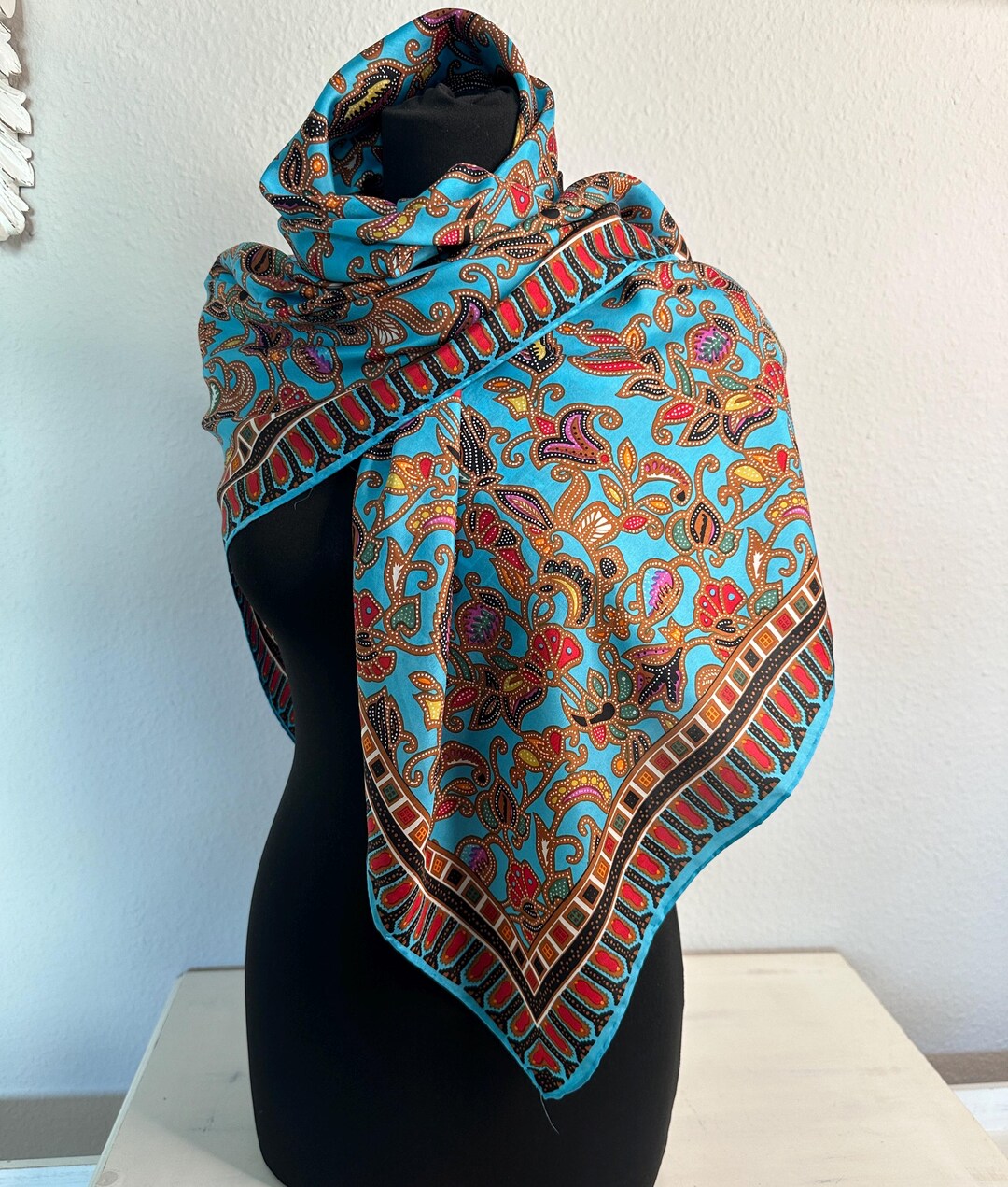 Silk Scarf Turquoise Brown Vintage Boho Design 104 X 104 Cm Scarf Made ...