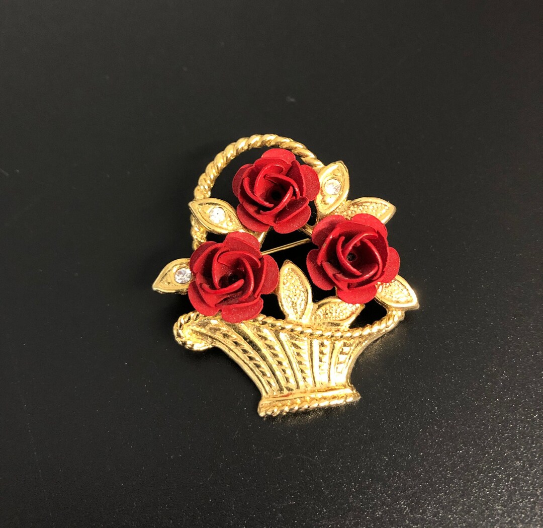 Red Roses Brooch A Basket of Roses Vintage 1960s Clear Rhinestone ...