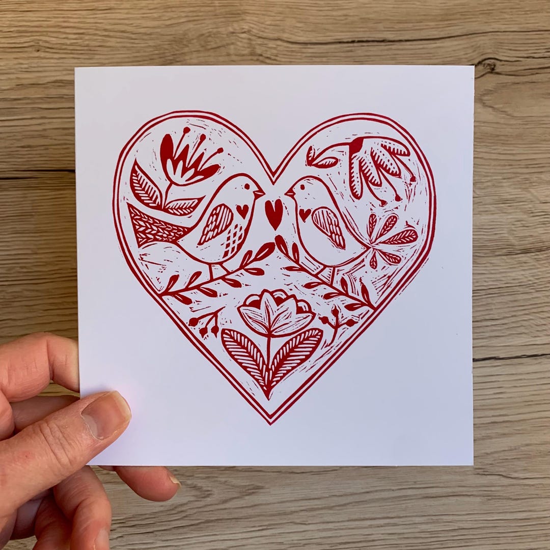 Linocut Card | Love Birds | Folk Art | Handprinted Card - Etsy