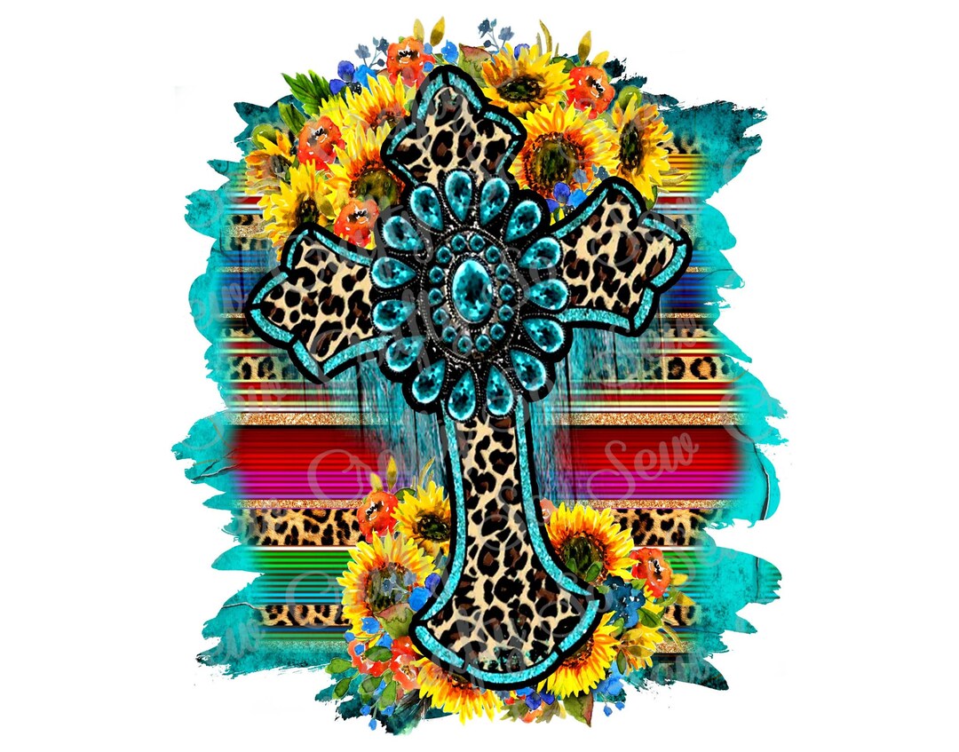 Cheetah Leopard Turquoise Stones Serape Sunflower Cross PNG, Turquoise ...
