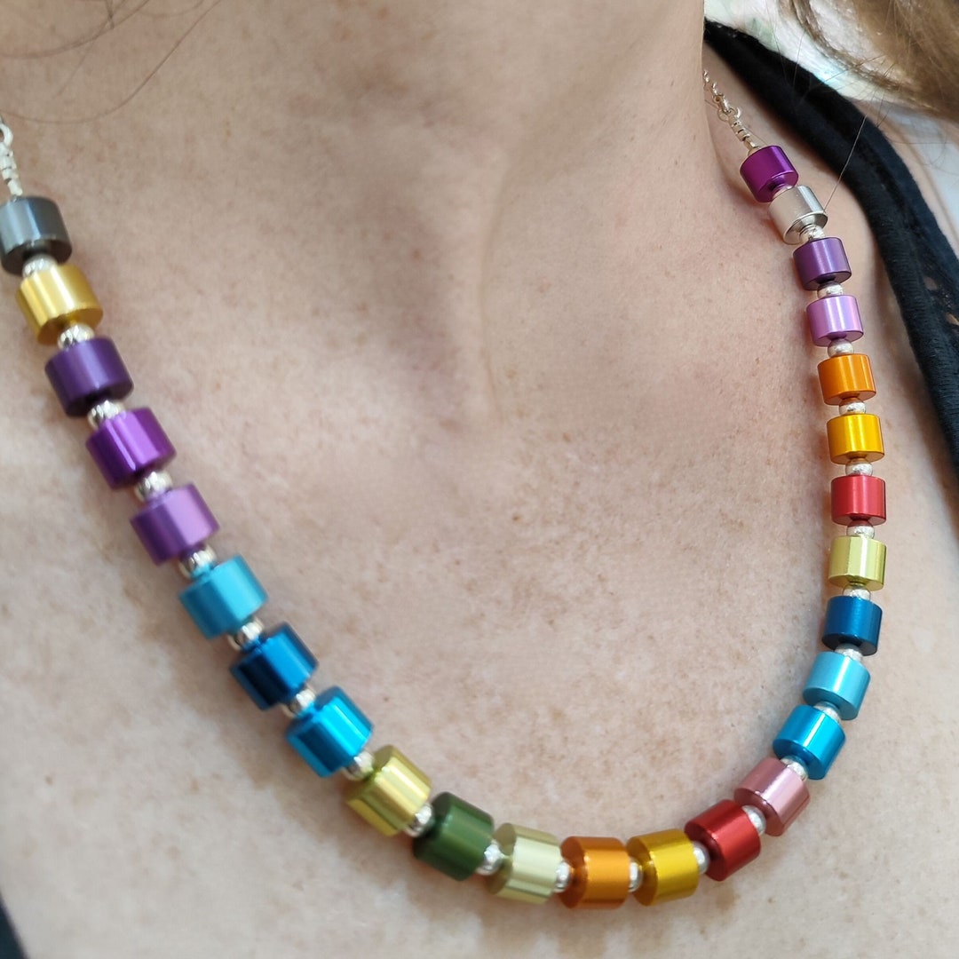 Rainbow Bead Necklace: Anodized Aluminum, Sterling Silver Clasp - Etsy