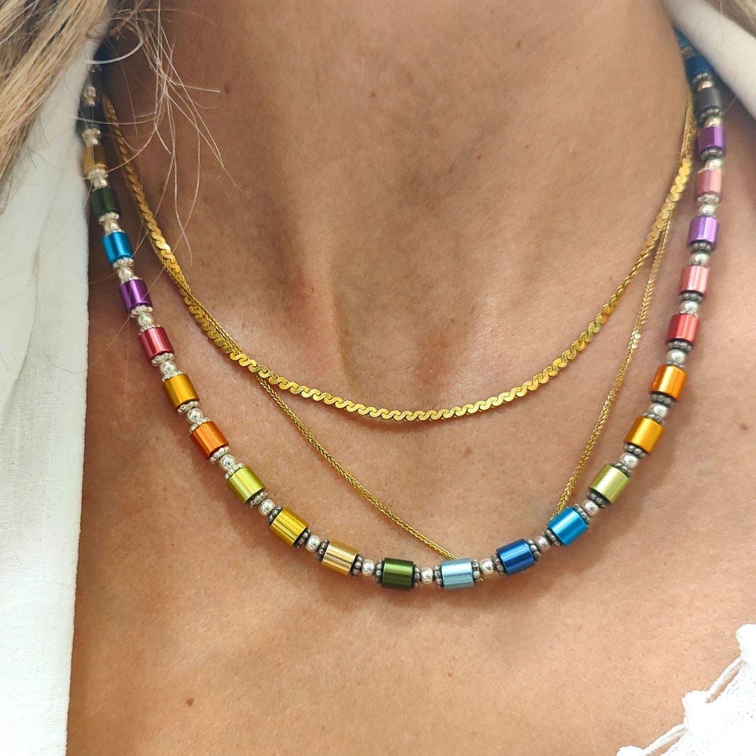 Rainbow Anodized Aluminum Beaded Necklace, Collier, Summer ...