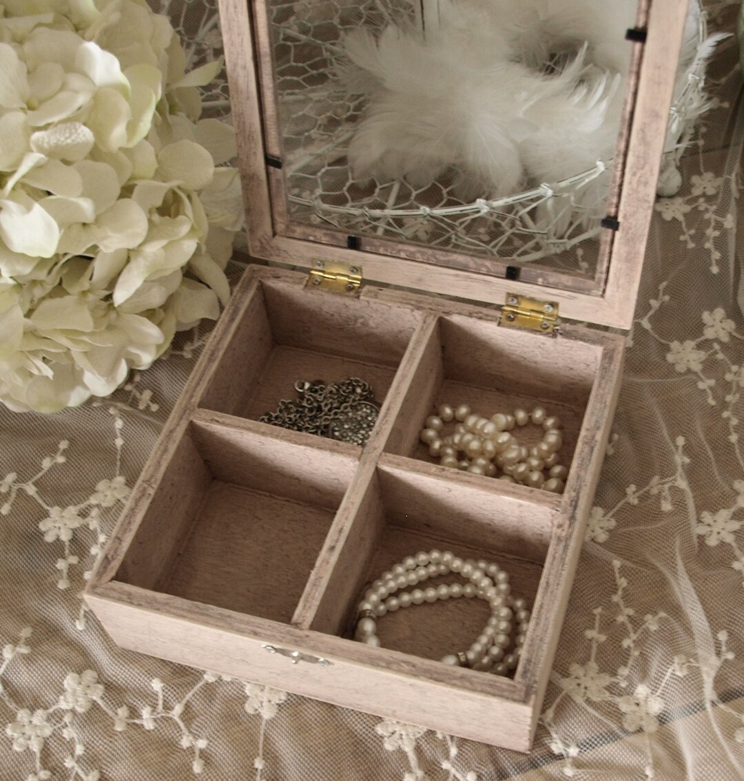 Wooden Box, Sorting Box, Jewellery Box, Wood, 4 Compartments, Glass Lid ...