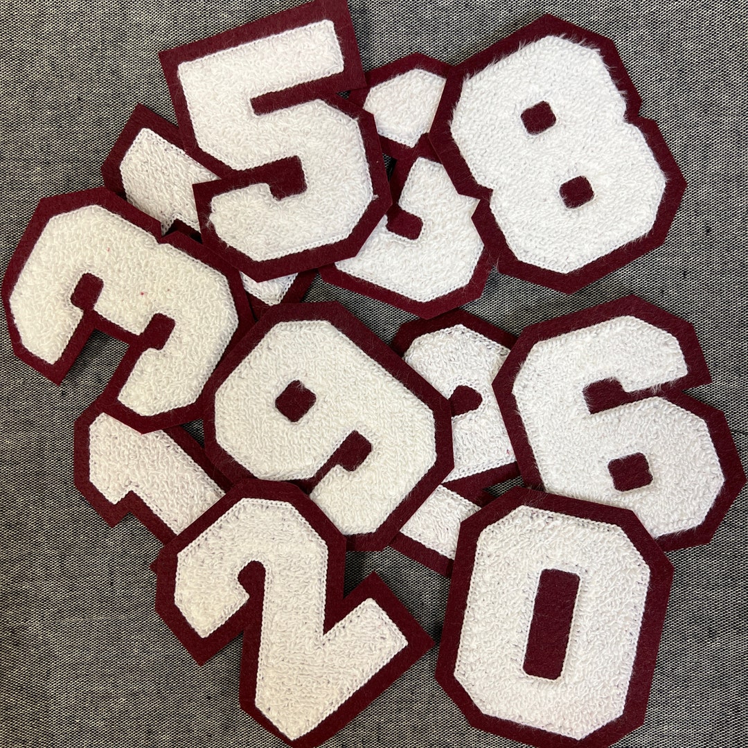 Chenille Numbers White on Maroon/ Burgundy Felt Sticky Back, Iron-on ...