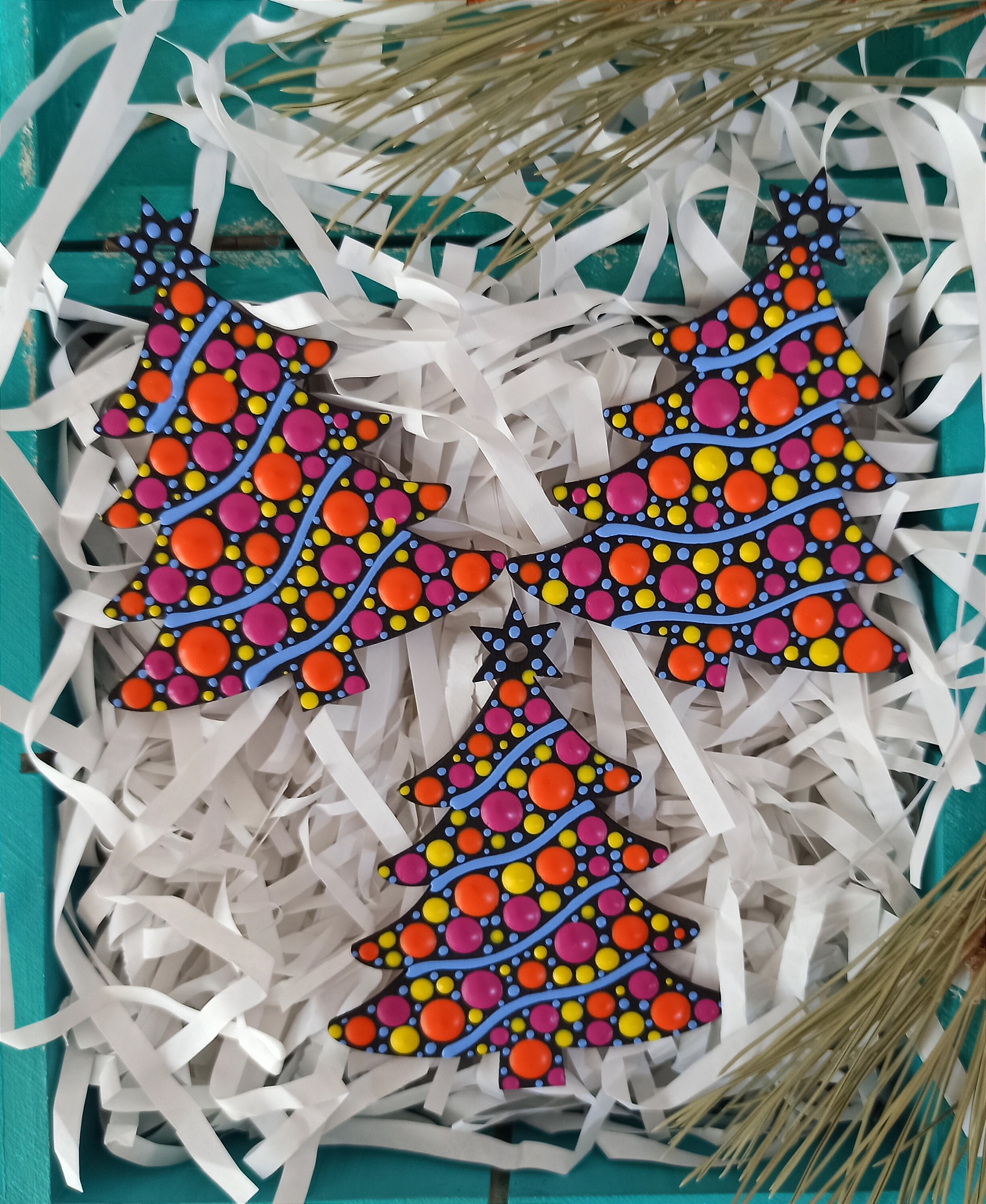 Set of 3 Christmas Ornaments in Shape of Tree Handpainted - Etsy