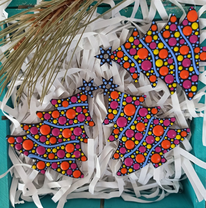Set of 3 Christmas Ornaments in Shape of Tree Handpainted - Etsy
