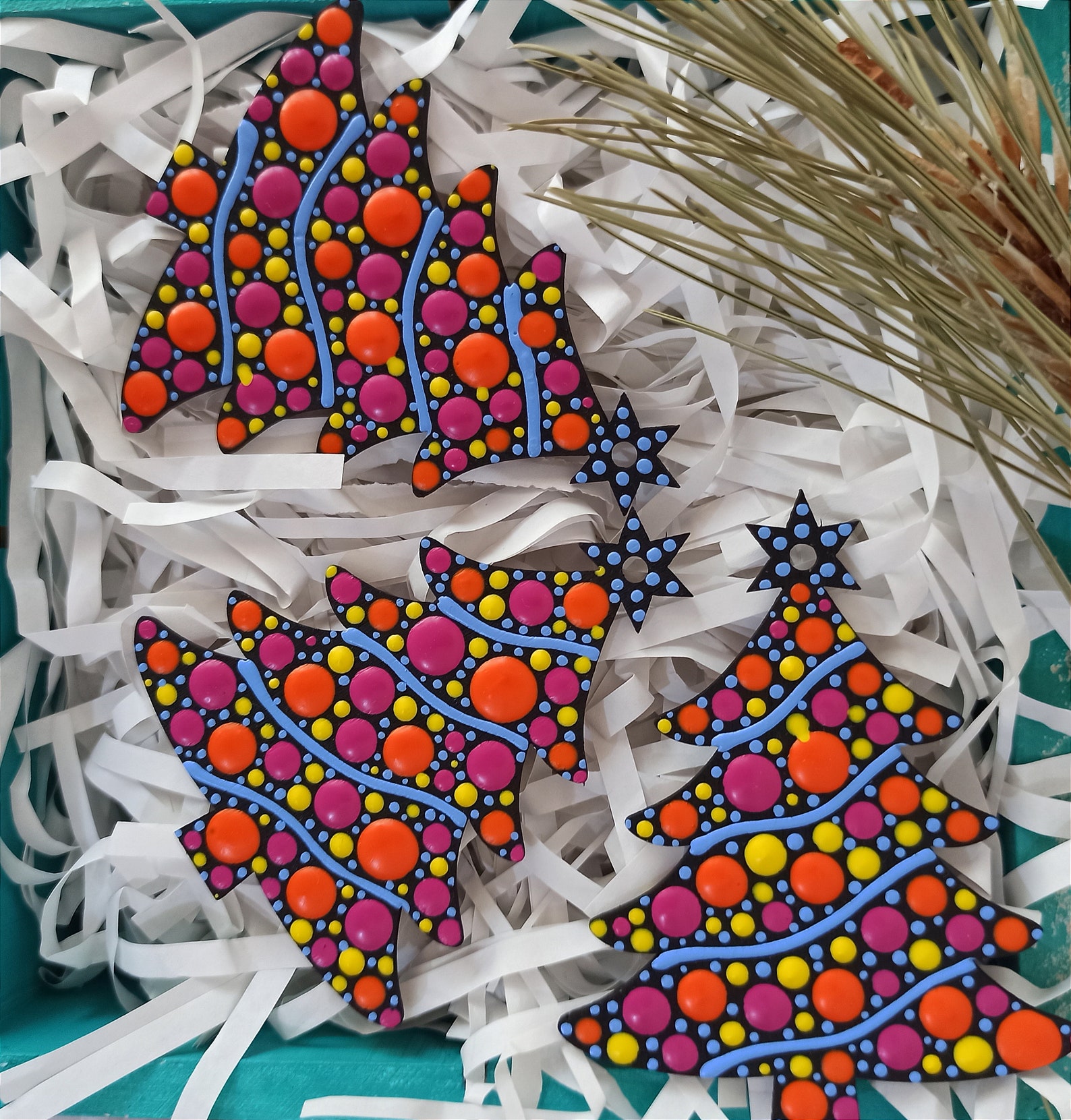 Set of 3 Christmas Ornaments in Shape of Tree Handpainted - Etsy