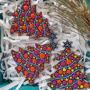 Set of 3 Christmas Ornaments in Shape of Tree, Handpainted Wooden Decor ...