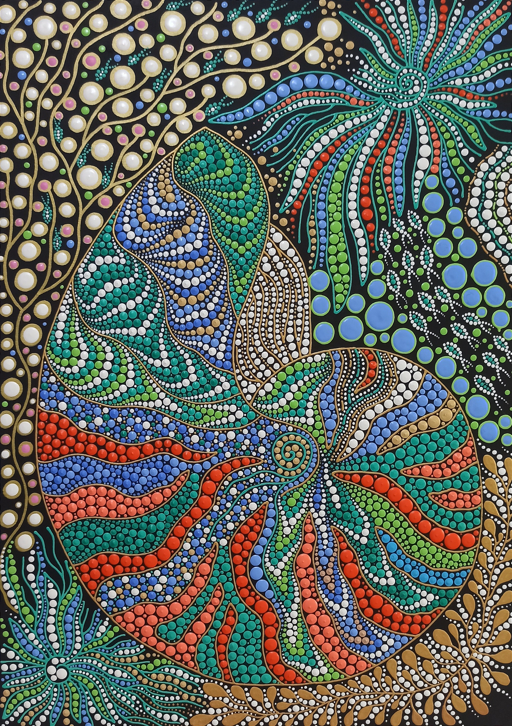 Ammonite Shell Painting, Nautilus Shell Art, Underwater Life Art, Coral ...