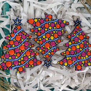 Set of 3 Christmas Ornaments in Shape of Tree, Handpainted Wooden Decor ...