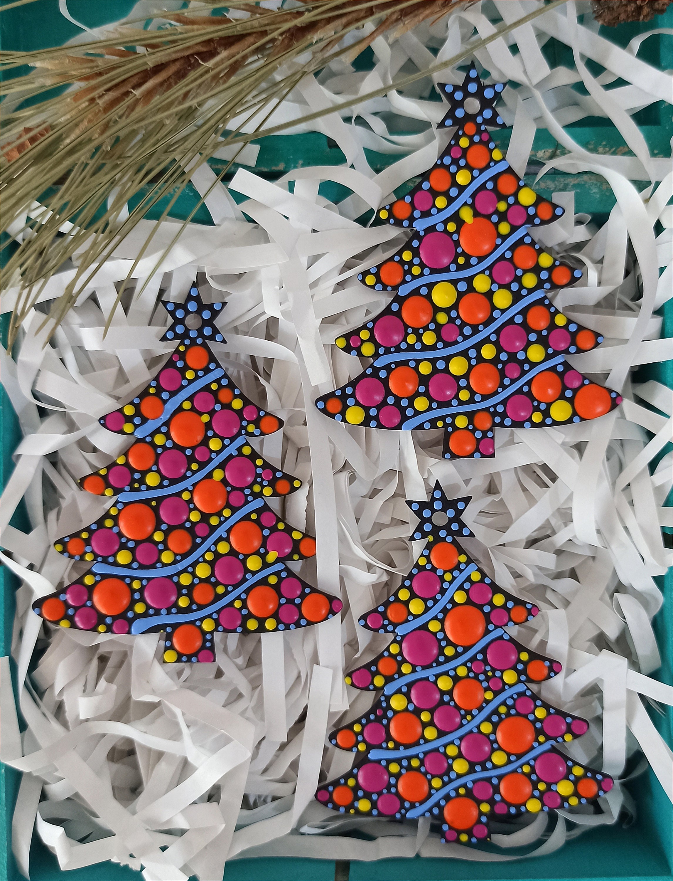 Set of 3 Christmas Ornaments in Shape of Tree Handpainted - Etsy