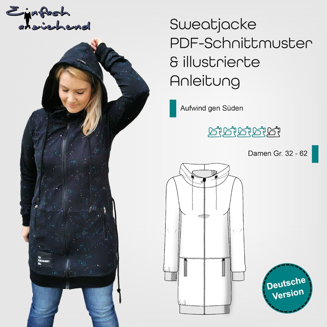 PDF Sewing Pattern for a Long Women's Sweatshirt Jacket With Zipper or ...