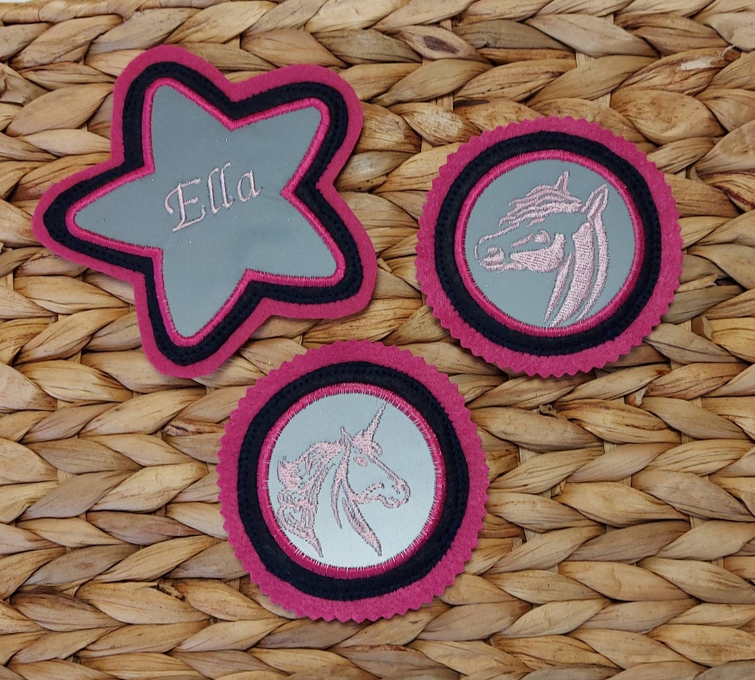 3er Set reflektierende Klett Patches Stern mit Wunschname, Pferd und Einhorn Schulranzen ...