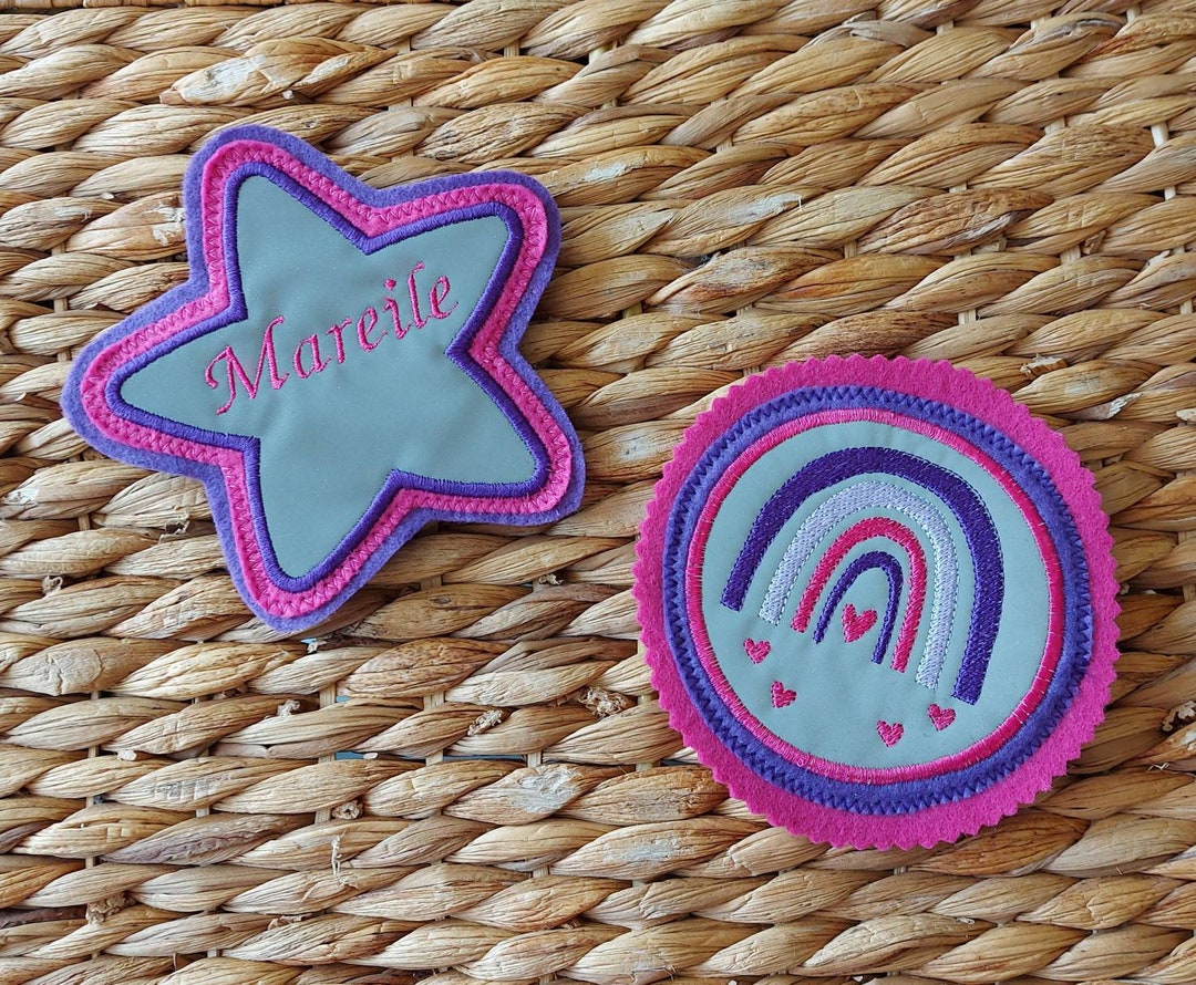 2er Set Klett Patch Regenbogen und Stern Wunschname Schulranzen Reflektor Einschulung Schultüte ...