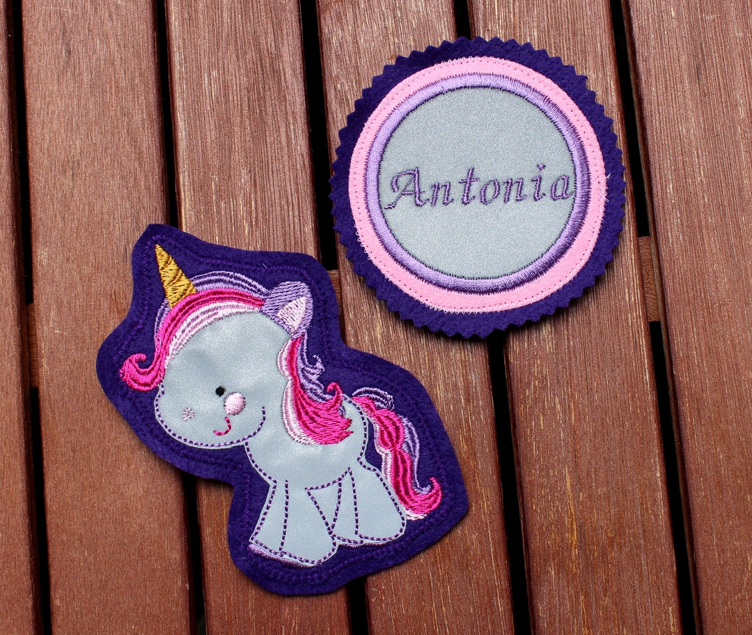 2er Set Klett Patch Einhorn und Wunschname Schulranzen Reflektor Einschulung Schultüte Klettbild ...