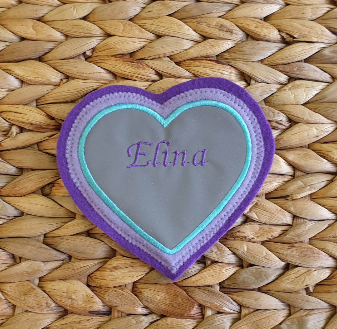 Reflektierender Klett Herz Patch Wunschname Schulranzen Reflektor Einschulung Schultüte ...