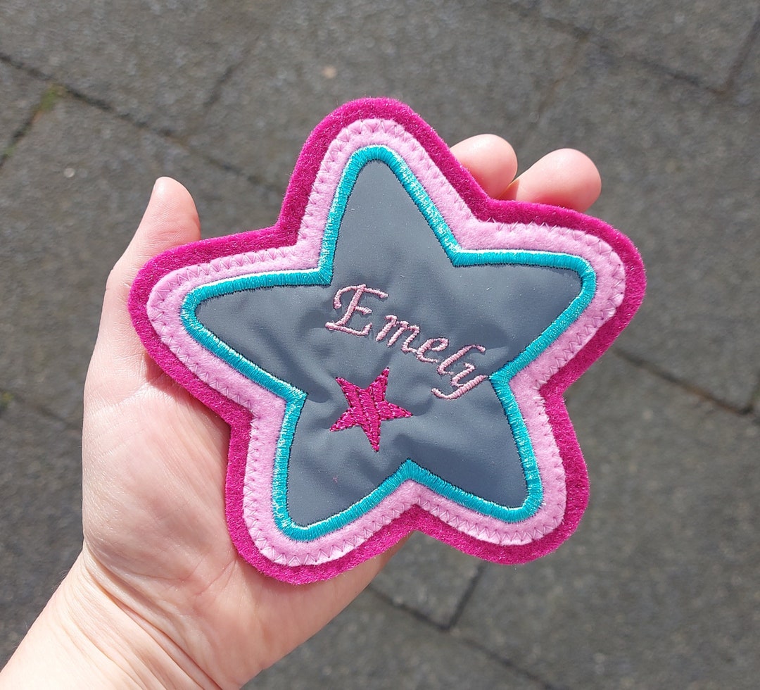 Reflektierender Klett Stern Patch Wunschname Schulranzen Reflektor Einschulung Schultüte ...
