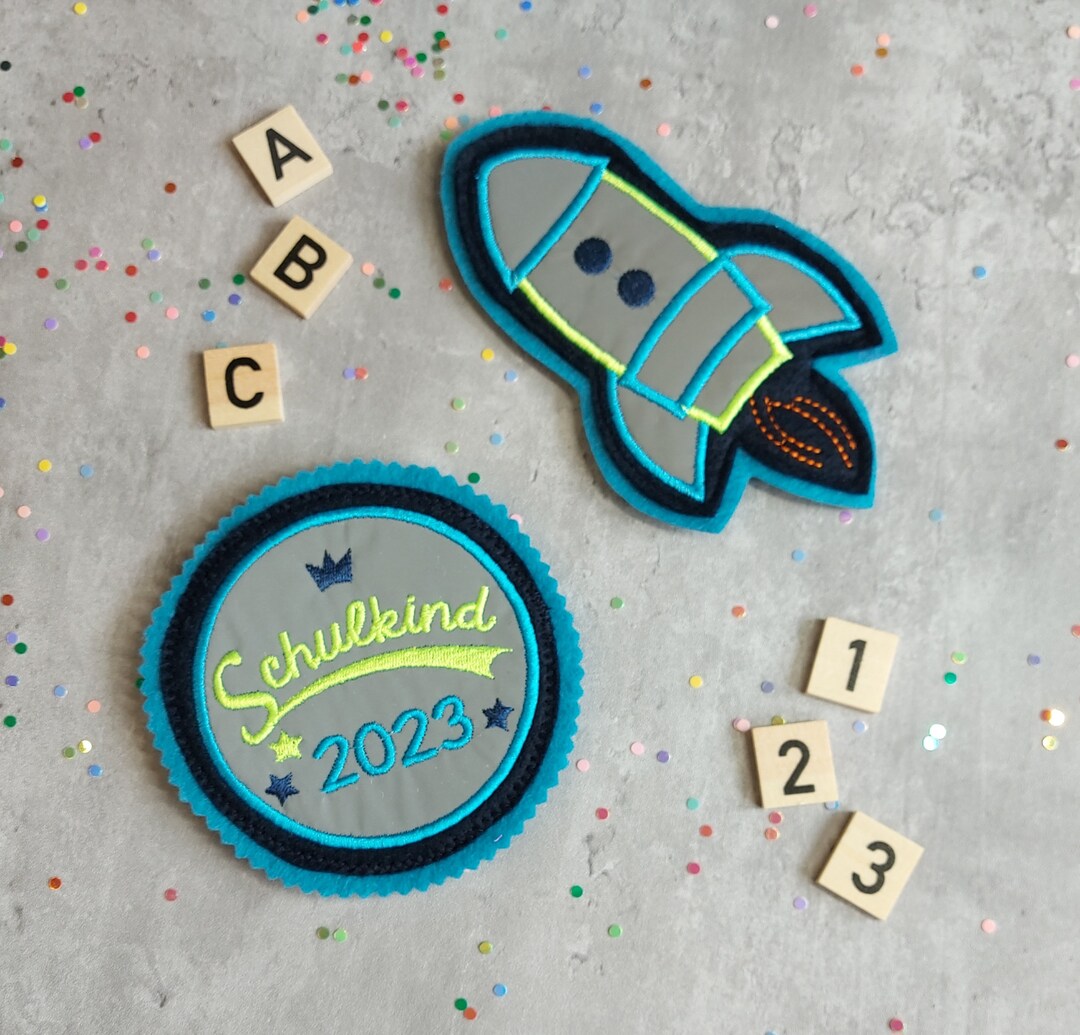 2er Set Klett Patch Rakete Und Schulkind 2024 Schulranzen Reflektor Einschulung Schultüte ...