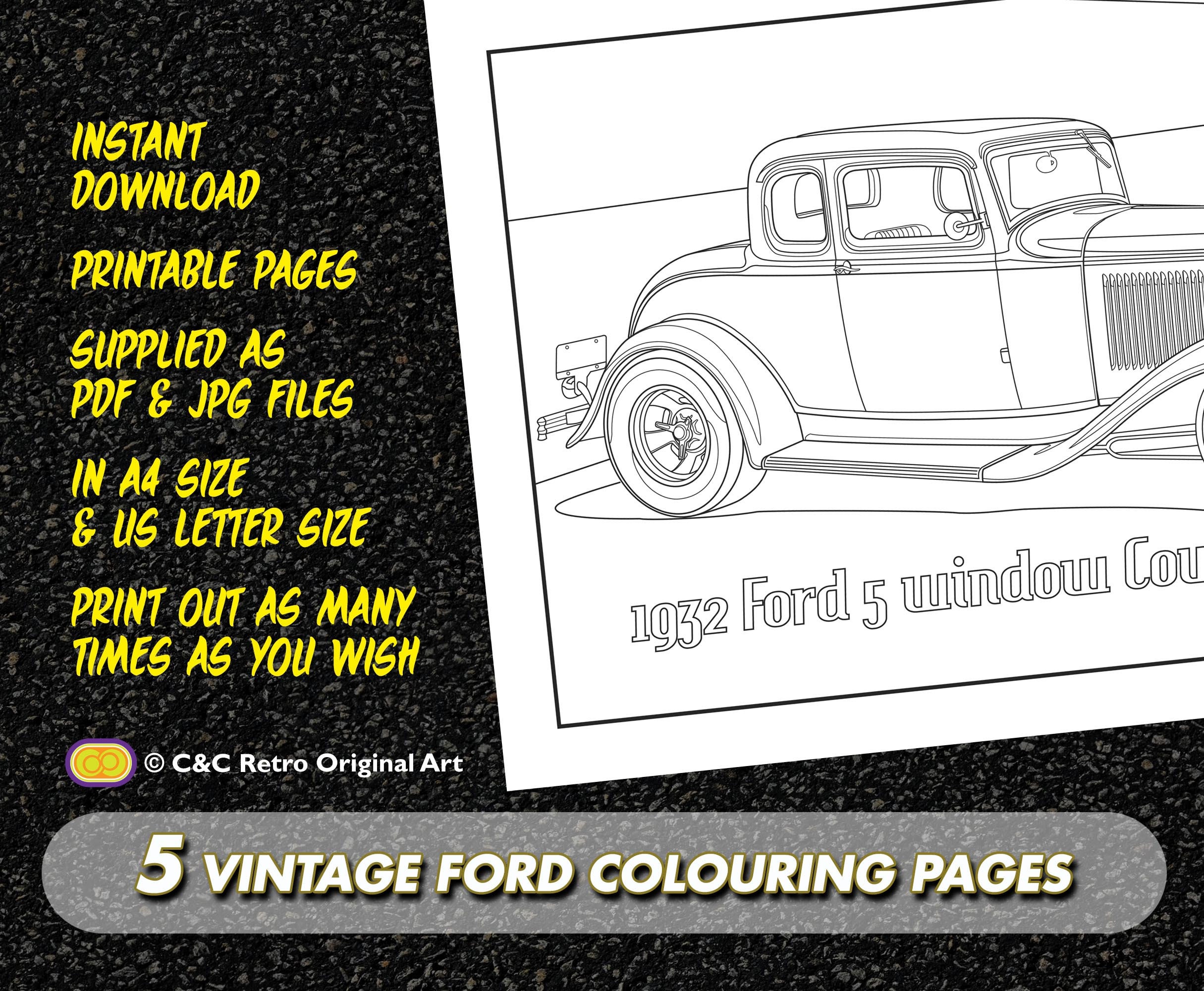 5 Vintage Ford Colouring Pages Instant Download Digital Printable Files ...