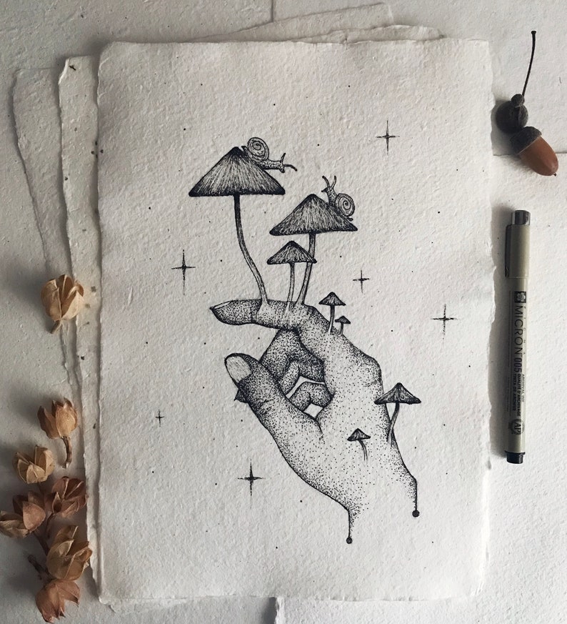 Mushroom Art Original Drawing on Handmade Paper/ - Etsy UK
