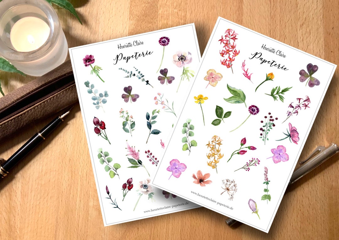 46 Stickers Delicate Flowers Pink Rose Flowers Drawing Watercolor ...