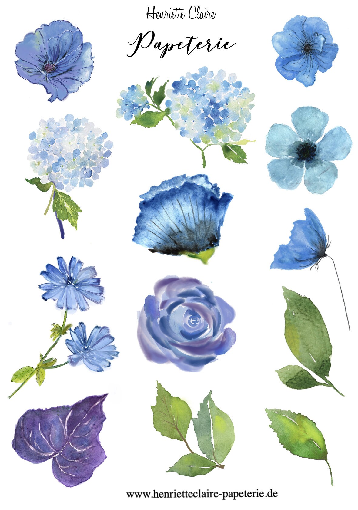 Stickers Watercolor Delicate Blue Flowers HYDRANGEAS and Leaves Hand ...
